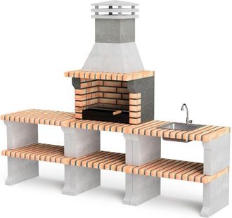Movelar Movelar - Barbecue pr&eacute;fabriqu&eacute; &agrave; bois et charbon en b&eacute;ton r&eacute;fractaire mod&egrave;le Pack 1 Liz Plus xl Outdoor Kitchen (Gris, Orange - 228 x 58 x 210 cm)