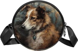 Generic Sac &agrave; bandouli&egrave;re rond pour femme, motif chien vintage, petit sac &agrave; bandouli&egrave;re avec fermeture &eacute;clair, bretelles r&eacute;glables, sac &agrave; main rond d&eacute;contract