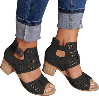 Onsoyours Damen Sandalen Pumps Blockabsatz High Heels Sommerschuhe Rei&szlig;verschluss Sandals Party Freizeit Hochzeit Hochhackige Abendschuhe A Schwarz 39 EU