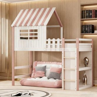 Generic Traumhaus-Kinderbett 90x200 cm - Sicher & Märchenhaft | Dachform mit Sicherheitsleiter & Ablagefach | Massivholz in Rosa mit Lattenrost | Für Jungen &