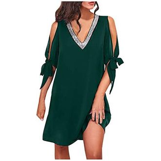 Generic Robe R&eacute;veillon - Robe de Soir&eacute;e Chic et Glamour - Robe Femme Col V Paillette Manches Courtes Noeud Robe &Eacute;paules D&eacute;nud&eacute;es Robe Midi Robe Paillet&eacute;e