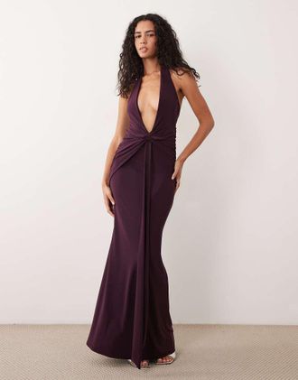 Asos robe longue &agrave; d&eacute;collet&eacute; plongeant et col licou fronc&eacute;e en cassis-VIOLET