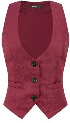 Allegra K Gilet Vintage Femme Boutonné Steampunk Jacquard Sans Manches Costume Gilet Costume femme Bourgogne 3XL