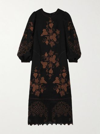 Vita Kin Ophelia Midikleid Aus Leinen Mit Stickereien Und Wellenkante - Schwarz