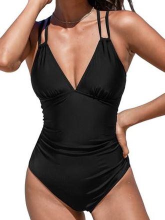 Cupshe Maillot de bain une pièce pour femme, col en V, contrôle du ventre, double bretelles réglables, découpe dans le dos, anneau, Noir/blanc, XS