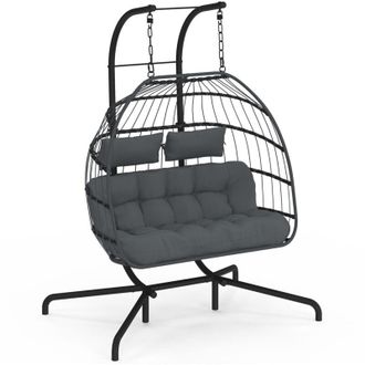 IDMarket Fauteuil oeuf suspendu ajour&eacute; 2 places effet rotin gris avec coussin gris