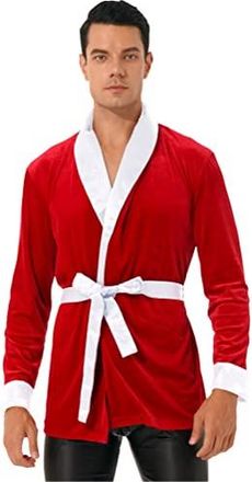dPois Déguisement Père Noël Homme Femme Velours Veste Manches Longues avec Ceinture Peignoir Robe de Chambre Costume de Santa Claus S-4XL A Blanc 3XL