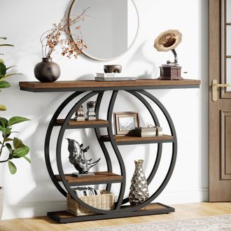 Tribesigns Konsolentisch, 120 x 30 cm industrieller 4-st&ouml;ckiger Sofatisch, Eingangstisch mit kreisf&ouml;rmigem Sockel, schmaler Holzakzent-Tische mit Ablagen f&uuml;r Woh