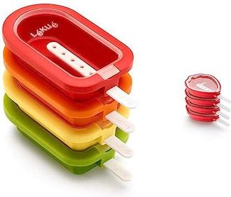 Lékué Classic Eisformen, stapelbar, 16,5 cm, 4 Stück, verschiedenfarbig, Silikon, Rot/Gelb & Eisformen in Erdbeerform, Silikon, rot, 15,4 x 9,4 x 3,3 cm, 4 