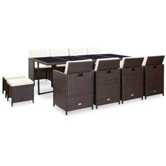 vidaXL 13-tlg. Garten-Essgruppe mit Auflagen Poly Rattan Braun vidaXL