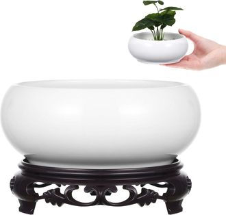 Yarnow Keramik Hydroponischer Pflanzentopf Runde Blumentopf Schale Für Narzissen Innenbereich Ohne Loch Mit Stabilem Kunststoffständer Für Zuhause Büro Garte