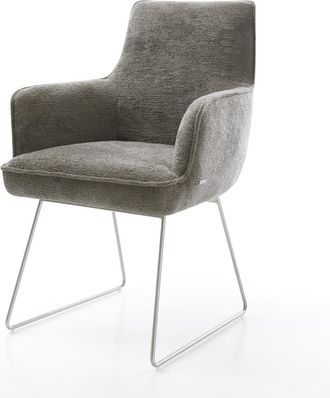 DELIFE Esszimmerstuhl Heira-Flex mit Armlehnen Boucl&eacute; Soft Schlamm Kufengestell Edelstahl Taschenfederkern, Esszimmerst&uuml;hle