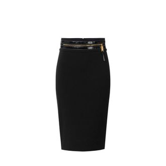 Elisabetta Franchi Femme, Jupes, Noir, Taille: 44 FR Jupe en cr&ecirc;pe l&eacute;ger avec ceinture &agrave; effet cuir craquel&eacute;