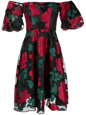 Marchesa robe mi-longue Claude à fleurs appliquées - Noir