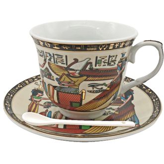 Generic &Auml;gyptischer Kaffee, Cappuccino, Barista, Latte-Tasse und Untertasse mit L&ouml;ffel, 240 ml, goldene &auml;gyptische Keramik, Tassen-Set f&uuml;r Tee, Kaffee, Porzel
