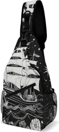 Generic Sacoche Port&eacute; &eacute;paule Soleil Lune Fleur Bateau Noir Mode Sac Bandouli&egrave;re Durable Crossbody Bag pour Voyage Camping Femme