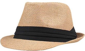 Generic Chapeau Fedora en paille unisexe avec ruban contrast&eacute; Jazz Trilby &agrave; bord boucl&eacute; Couronne pinc&eacute;e Style solide Adulte Soleil Kaki