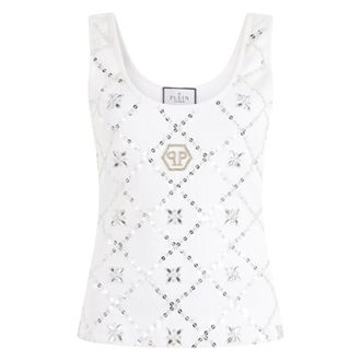 Philipp Plein Tank Top Rhomb Flower Strass - - Tops - Damen - Wei&szlig; - M