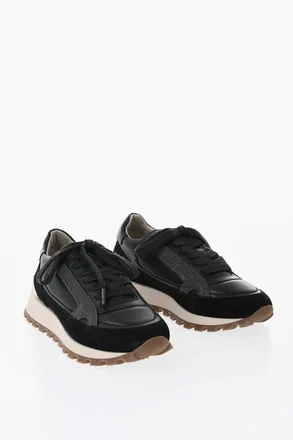 Brunello Cucinelli Low-Top Suede And Leather Sneakers With Rhinestones And Contrasting Sole Brunello Cucinelli