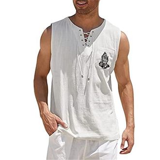 Generic Chemise en coton et lin pour homme - Hauts dentra&icirc;nement d&eacute;t&eacute; pour homme - Haut de printemps et d&eacute;t&eacute; d&eacute;contract&eacute; - Haut sans manches en coton - D&eacute;bard