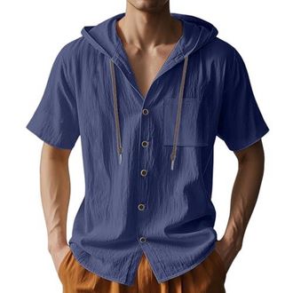 Generic Chemise en lin pour homme, grande et haute, chemise boutonn&eacute;e &agrave; capuche, couleur unie, chemise d&eacute;t&eacute; &eacute;l&eacute;gante, douce et confortable, haut d&eacute;contract&eacute;, 