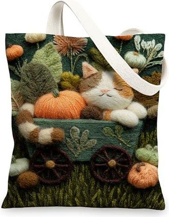 Generic Sac fourre-tout en toile motif chat adorable félin, sacs de courses réutilisables, confortables, rustiques, légers, lavables à lépaule Stra, vert, 13x