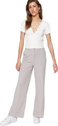Trendyol Pantalon Basique Taille Haute Jambe Large pour Femme, Gris, 64