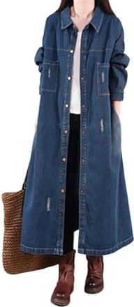 Generic Veste de camionneur pleine longueur en jean &agrave; manches longues pour femme, bleu, XL