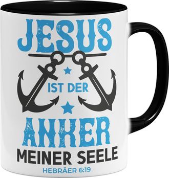 OM3 Jesus ist der Anker meiner Seele Kaffee-Tasse II Hebräer 6:19 - Keramik Becher - 325ml - Beidseitig Bedruckt - Schwarz