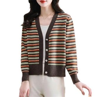 Generic Cardigan en tricot &agrave; manches longues pour femme Motif patchwork ray&eacute; Col en V Style vintage, camel, XX-Large