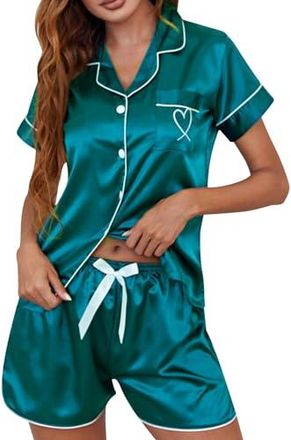 Generic Ensemble de pyjama cardigan &agrave; manches courtes en soie glac&eacute;e imprim&eacute;e de couleur unie pour femme 2026, Vert, XL