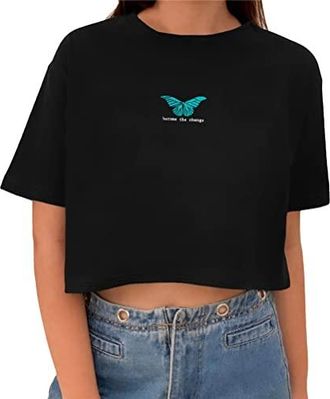 TOMWELL Crop T-Shirt Oversize à Col Rond pour Femme à Manches Courtes Lettres LA Haut Dété Décontracté Chemise Lettres Créatives Sexy Tshirt Court De Sport Lâ