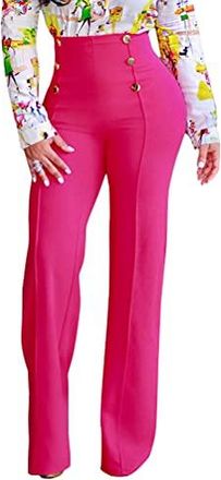 ORANDESIGNE Evasé Pantalons Femme Sexy Pantalon Évasé Couleur Unie Elastique Pants Taille Haute Boutons Croisés Pantalon Large Droit Élégant lété Ville A Rose Rou