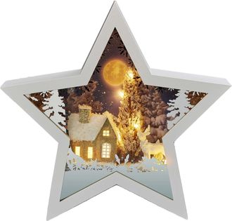 Hellum LED Bild mit 3D Winterlandschaft 26,7 x 25,5cm Sternenform zum Stellen, Batteriebetrieb (3xAA nicht inkl.), Bild mit Winterszene, Weihnachtsdeko, Tisc