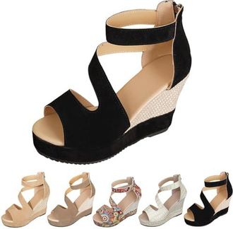 Generic Sandales compensées à bout ouvert et sangle de cheville pour femme - Coussin doux - Légères et confortables - Sandales de marche toute la journée avec