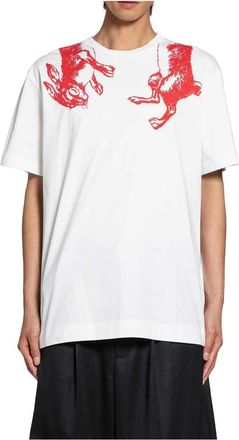 Simone Rocha Homme, Tops, Blanc, Taille: L T-shirt à Imprimé Illustration Blanc Coton