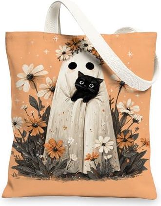 Generic Sacs fourre-tout en toile avec motif floral mignon et chat, sacs dépicerie réutilisables, légers et lavables avec bandoulière pour salle de sport, voy