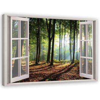 Feeby Bilder - Foto Geschenk - Fensterblick Wald Landschaft Gr&uuml;n - 100x70 cm XXL 1tlg - Leinwandbilder Wohnzimmer - Wandbild &uuml;ber dem Bett - Bild Schlafzimm