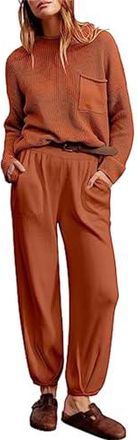 Generic Ensemble de surv&ecirc;tement d&eacute;contract&eacute; en coton et lin pour femme - Chemise de couleur unie - Pantalon large - Combinaison de loisirs pour femme, Rouge, 