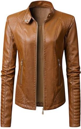 Generic Blouson de moto en similicuir avec fermeture &eacute;clair pour femme, marron, XXL