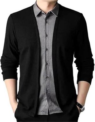 Generic Faux cardigan tricot&eacute; deux pi&egrave;ces avec col de chemise pour homme, coupe ajust&eacute;e, chemise d&eacute;contract&eacute;e pour affaires, cardigan en tricot, Noir, XXL