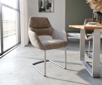 DELIFE Freischwinger Yago-Flex mit Armlehnen Mikrofaser Taupe Vintage Freischwinger rund Edelstahl Taschenfederkern, Esszimmerst&uuml;hle