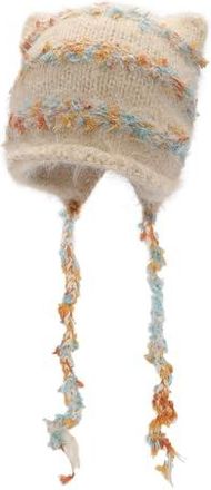 ZLYC Bonnet dhiver en Tricot avec Oreilles de Chat - pour Femme - Grunge, Pompon rayé Beige, Taille Unique