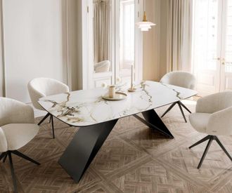 DELIFE Esstisch Edge Boot 200x100 Keramik Calacatta Luxe Weiß-Gold-Grau V-Gestell Flachstahl Schwarz, Esstische
