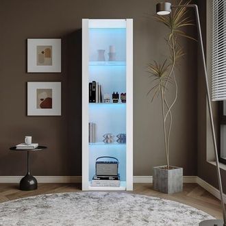Merax Vitrine LED - Armoire haute 3 étagères verre - Moderne - Avant brillant - Blanc - Salon, bureau, cuisine - Rangement ouvert - 55 x 38 x
