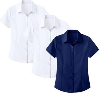 Generic Lot de 3 chemisiers &agrave; manches courtes pour femme - D&eacute;contract&eacute; - Coupe droite - Col en V - Boutonn&eacute; - Couleur unie - D&eacute;contract&eacute; - Basique - Chemise d