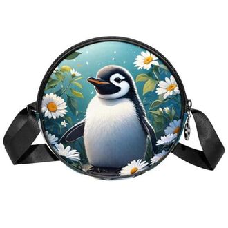 Generic Petit sac &agrave; bandouli&egrave;re rond pour femme, motif pingouin, fleur de pingouin, sac &agrave; dos avec fermeture &eacute;clair, bretelles r&eacute;glables, sac &agrave; main rond d&eacute;co