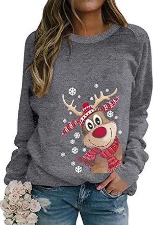 Dresswel Pull de Noël Femme Merry Christmas Sweatshirt Drôle Rudolph Renne Imprimé Coton Noël Noël Xmas Pull de Noël Adolescent Fille, 2-gris, S