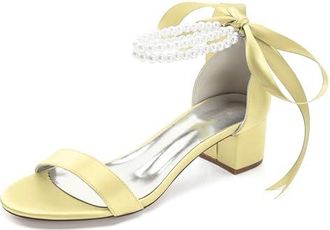 Generic Chaussures Mariage Femme Talon Bloc Bout Ouvert Talons Bas Sandales Mode &Eacute;t&eacute; Satin Mari&eacute;e Dress F&ecirc;te Hauts 4.5Cm,Jaune,37 EU