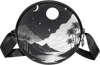 Generic Petit sac &agrave; bandouli&egrave;re rond rond pour femme, motif montagnes &eacute;toil&eacute;es, fermeture &eacute;clair, bretelles r&eacute;glables